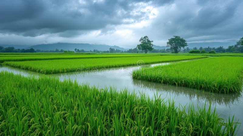 Serene Rice Paddy Under Stormy Skies Stock Illustration - Illustration ...