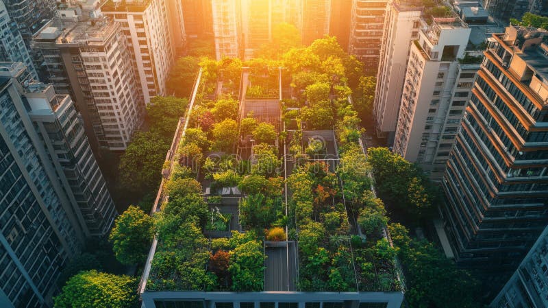 Lush Rooftop Garden Amidst City High Rises Stock Illustration ...