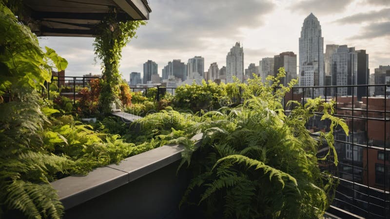 Lush Rooftop Garden with City Skyline View Stock Illustration ...