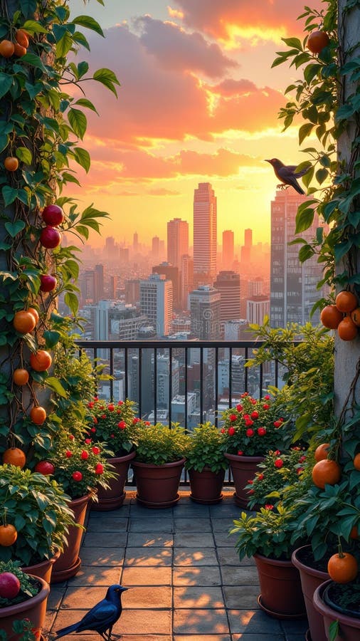 Lush Rooftop Garden View Urban Sunset High Building Balcony Stock ...