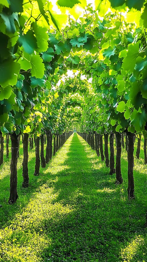 Lush Rows of Grapevines Create a Vibrant Canopy Above a Narrow, Grassy ...