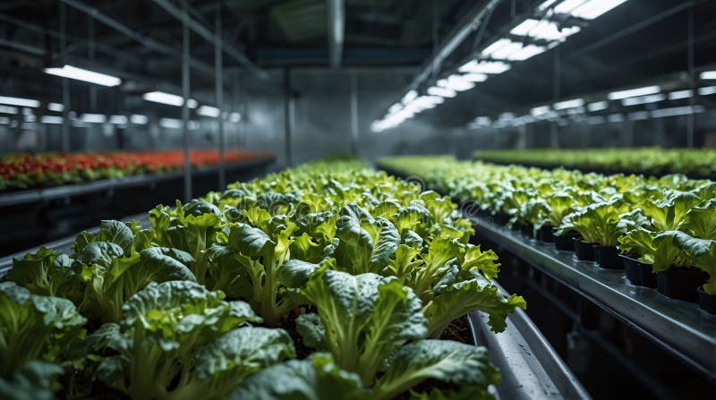 Lush Rows of Green Lettuce and Vegetables Growing in a High-tech Indoor ...