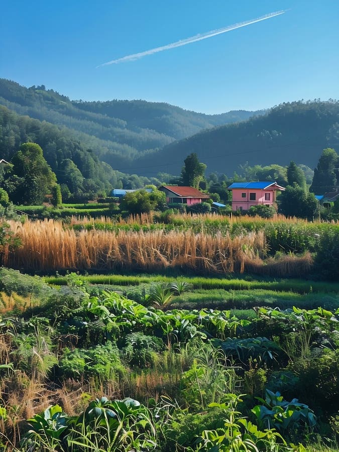Lush Rural Landscape Featuring Diverse Vegetation and Homes Stock Image ...