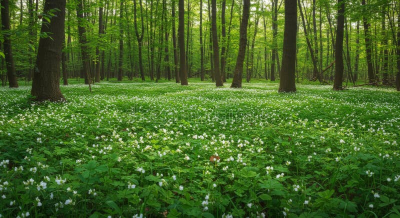 Lush Spring Forest with White Wildflowers Stock Illustration ...