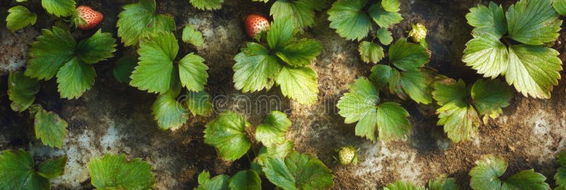 Lush Strawberry Plants with Ripening Fruit Under Sunlight in a Rustic ...