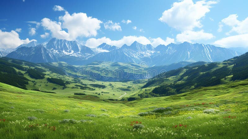 Lush, Sun-drenched Meadow Stretching Out before a Majestic Mountain ...