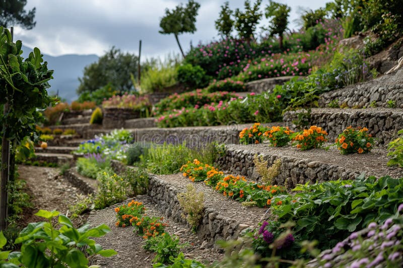 Lush Terraced Fields in a Sunlit Valley Stock Illustration ...