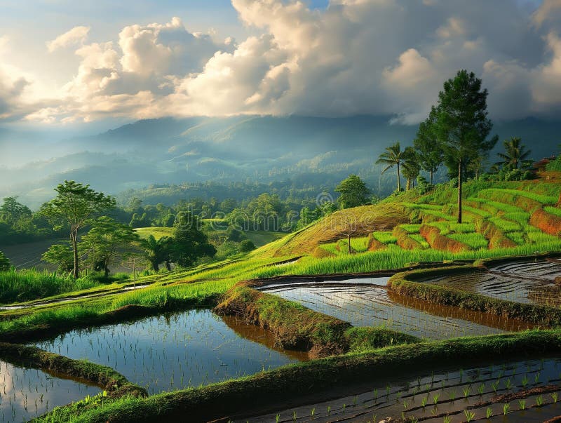 Lush Terraced Rice Fields at Dawn Stock Image - Image of environment ...