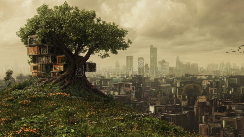 Lush Tree House on Hilltop Overlooking Post-Apocalyptic City Stock ...