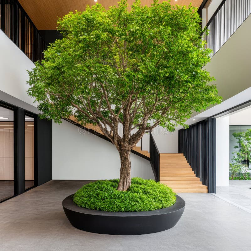Lush Tree in Modern Office Building with Bright Intertwined Design ...
