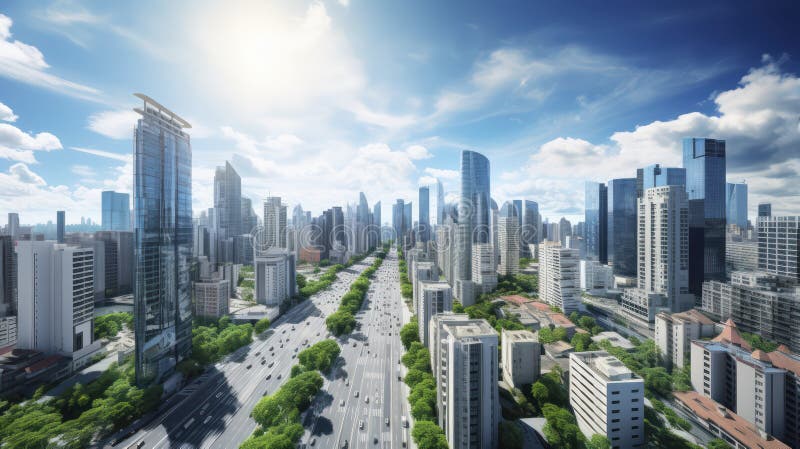 Lush Trees Complement Futuristic Skyscrapers in Modern Great City Stock ...