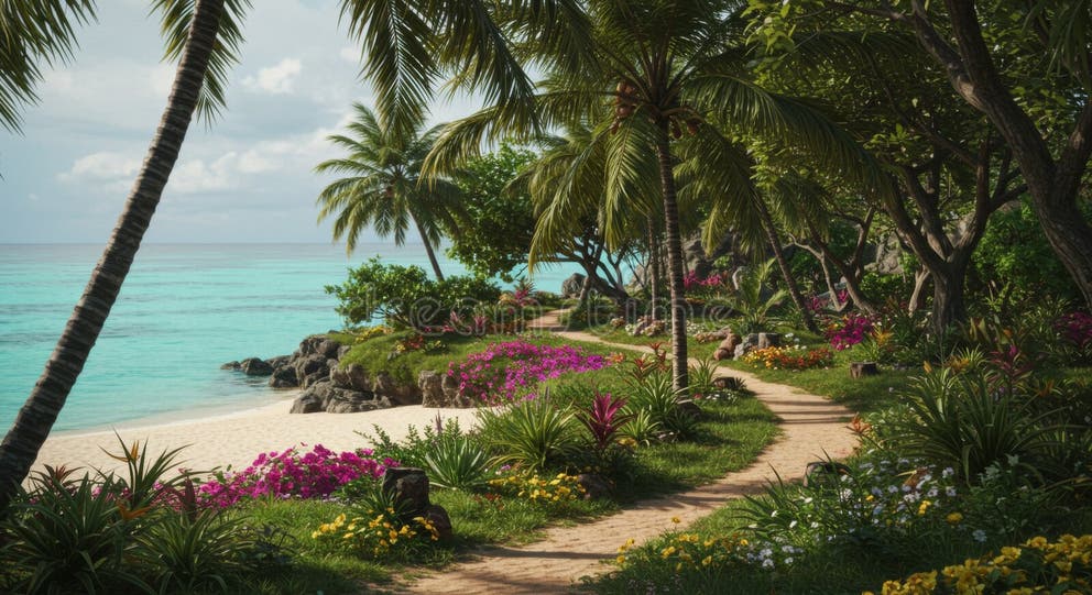 Lush Tropical Beach Path with Vibrant Flowers Stock Illustration ...