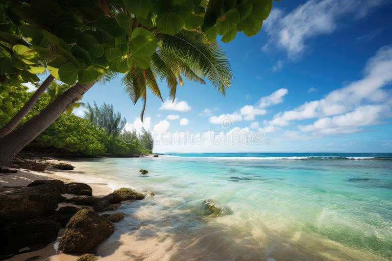Lush Tropical Beach Scene, with Palm Trees and Warm Blue Waters Stock ...