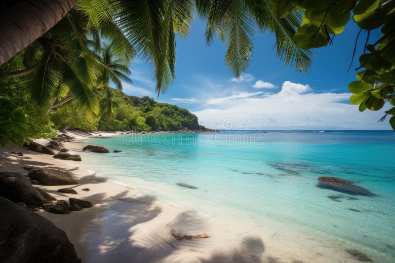 Lush Tropical Beach Scene, with Palm Trees and Warm Blue Waters Stock ...