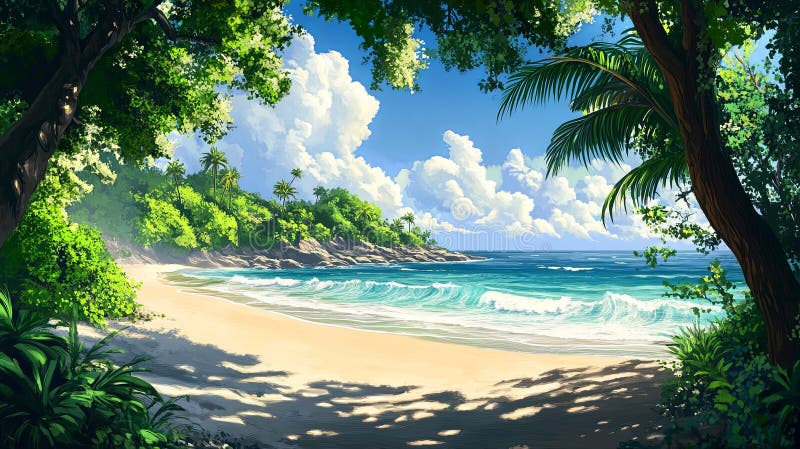 Lush Tropical Beach with Vibrant Green Trees and Calm Waves. Stock ...