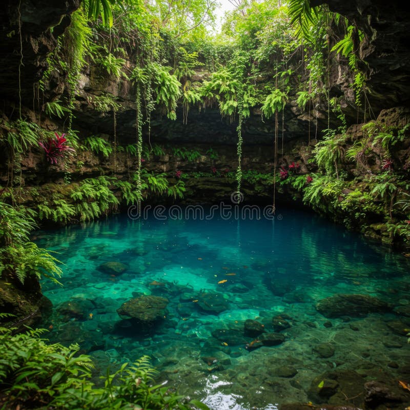 Lush Tropical Cave Pool with Vibrant Green Plants Stock Illustration ...