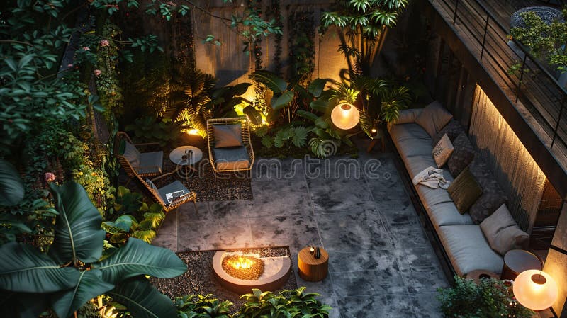 A Lush, Tropical Courtyard with a Fire Pit, Seating Area, and String ...