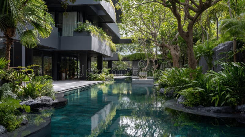 Lush Tropical Courtyard with Reflective Pool. Neural Network AI ...