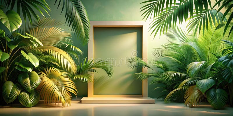 Lush Tropical Foliage Enframing a Minimalist Display Platform Against a ...