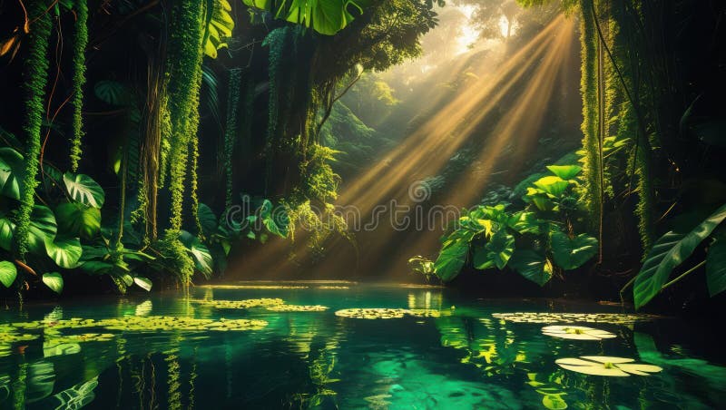Secluded Tropical Lagoon: Sunbeams Illuminate Lush Green Vegetation ...