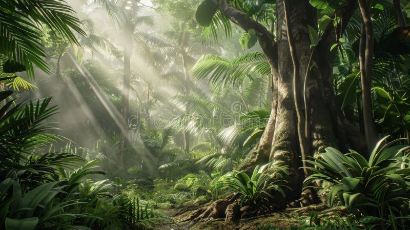 Lush Tropical Jungle Scene Sun Rays Streaming Canopy Stock Photos ...