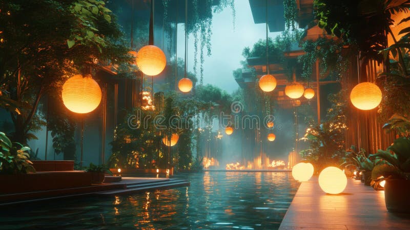 Lush Tropical Garden Path at Night with Glowing Spheres Stock ...