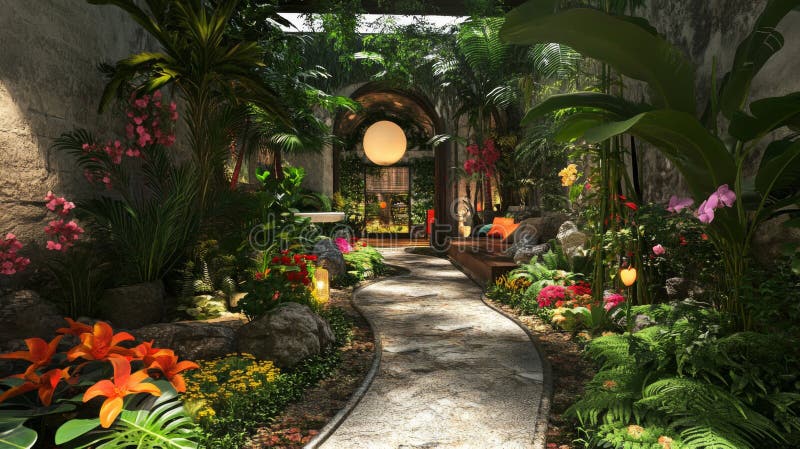 Lush Tropical Garden Path with Stone Walkway and Archway Stock ...