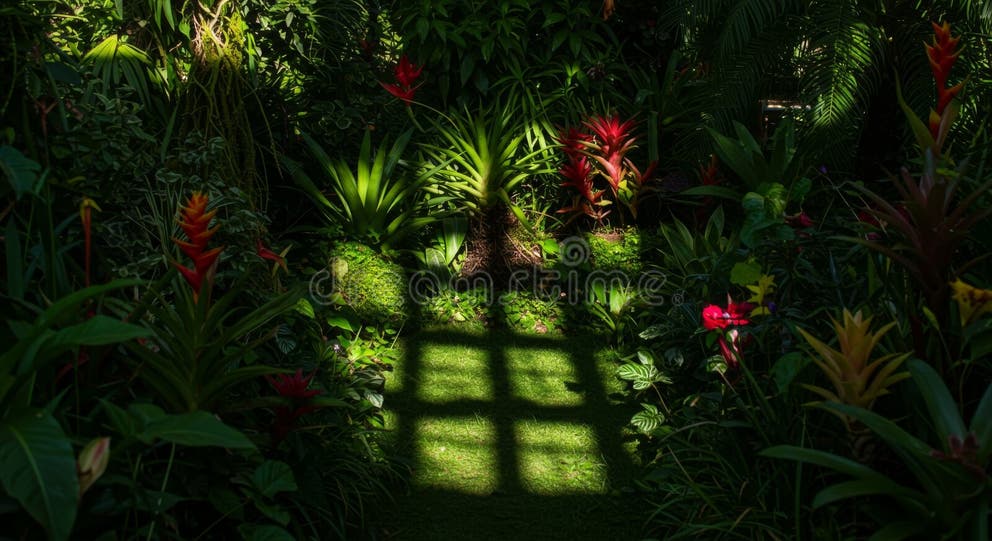 Lush Tropical Garden with Sunlight and Grid Shadow Stock Illustration ...