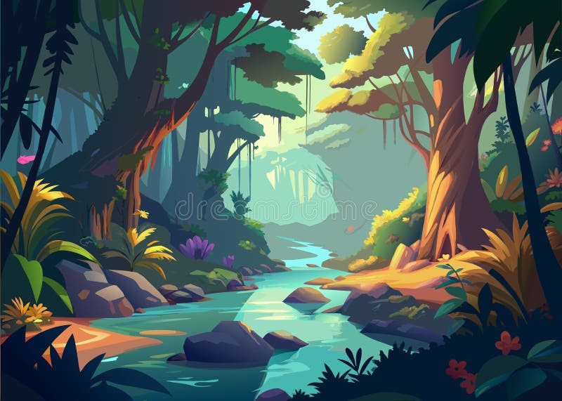 A Lush Tropical Jungle with a Clear Stream Flowing through Dense ...