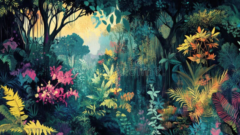 Lush Tropical Jungle Landscape with Vibrant Colors Stock Illustration ...