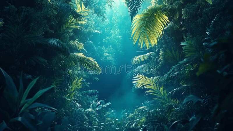 Lush Tropical Jungle Path with Blue Light Stock Illustration ...
