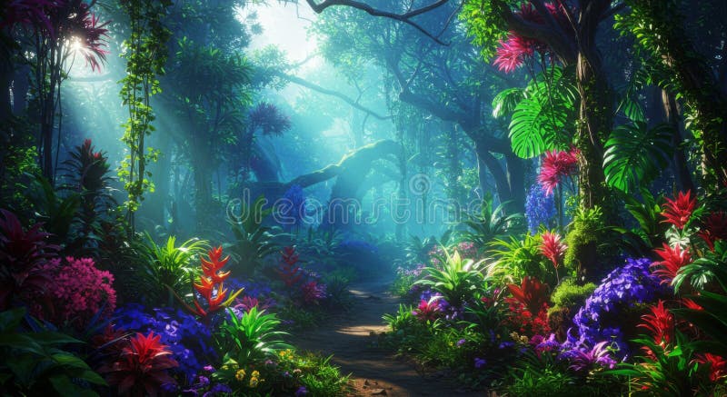 Lush Tropical Jungle Path with Vibrant Flowers and Sunlight Stock ...