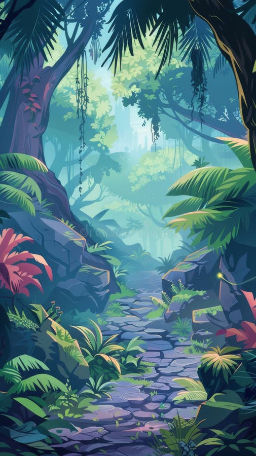 Lush Tropical Jungle Pathway with Dense Foliage and Sunlight Filtering ...