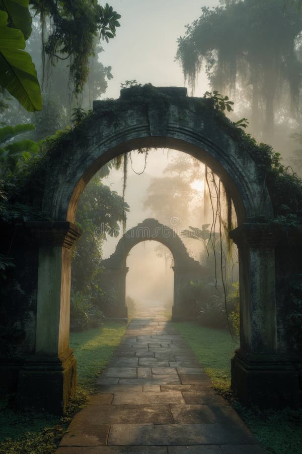 Lush Tropical Jungle Pathway with Stone Archway and Sunlight. Stock ...