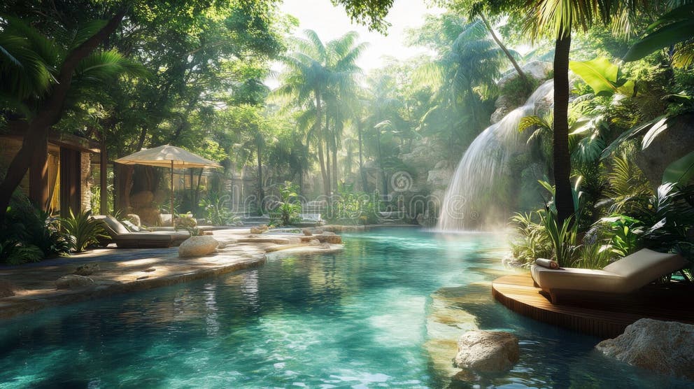 Lush Tropical Jungle Pool with Waterfall Stock Illustration ...