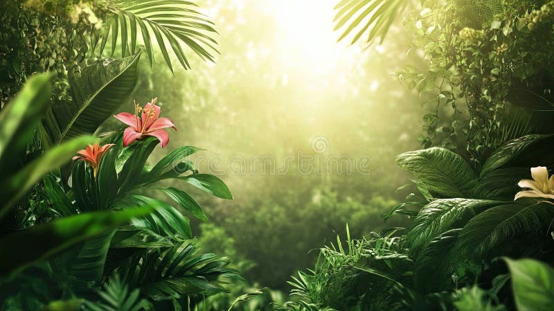 Lush Tropical Jungle with Red Flowers and Sunlight Stock Illustration ...