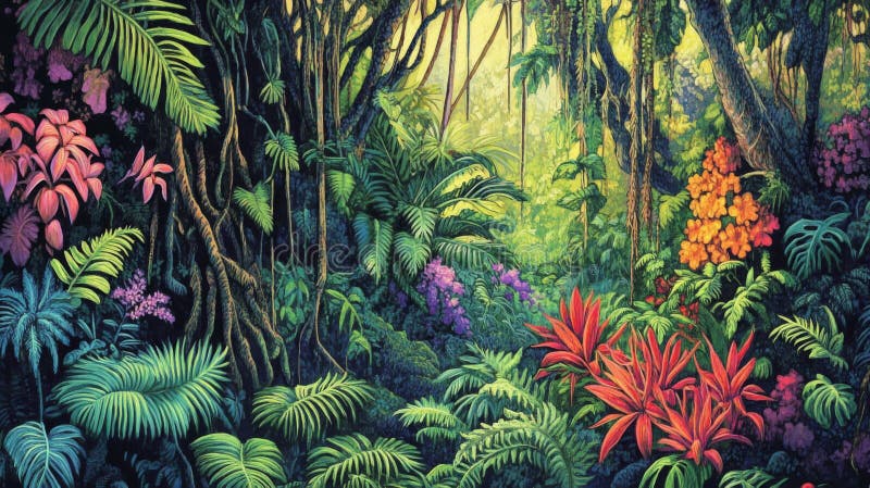 Lush Tropical Jungle Scene with Vibrant Plants Stock Illustration ...