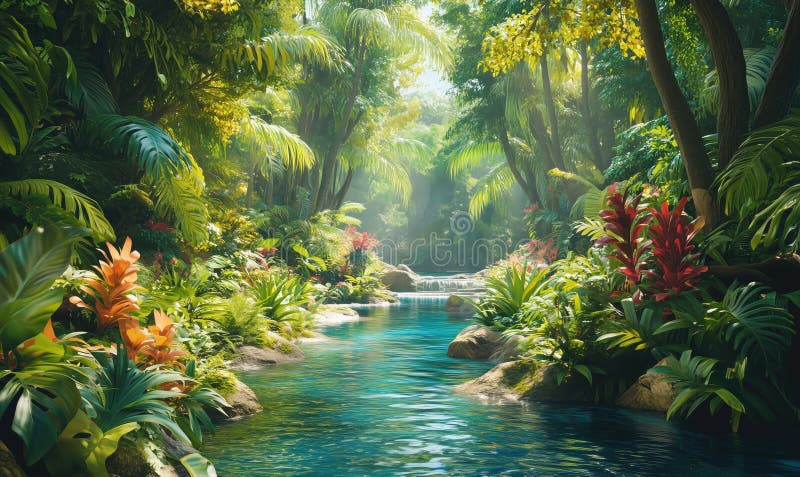 Lush Tropical Jungle with Serene River and Vibrant Flora in Sunlit ...