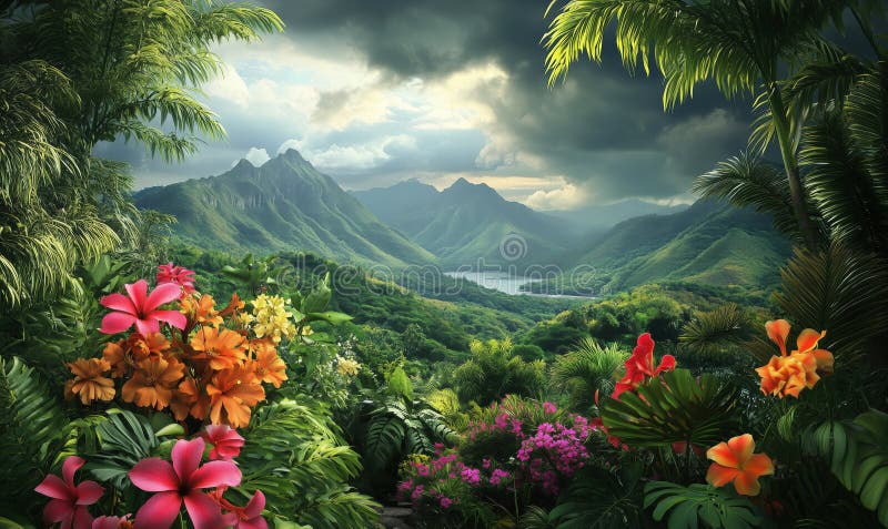 Lush Tropical Landscape with Vibrant Flowers and Dramatic Mountain ...