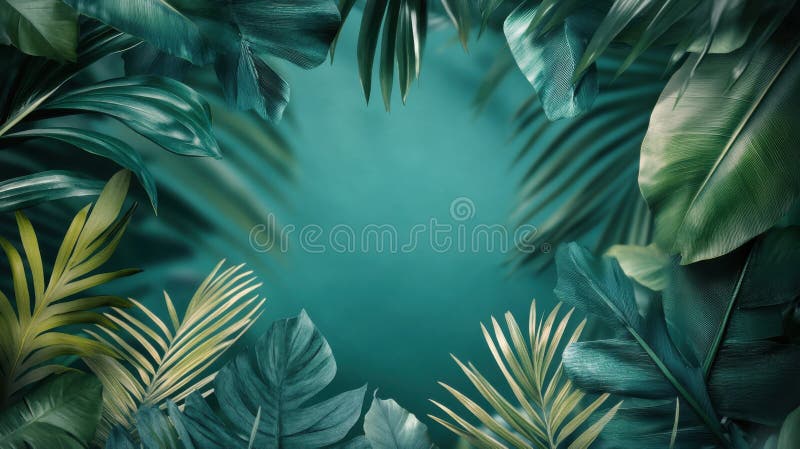 Lush Tropical Leaf Frame with Various Green Foliage on a Soft Teal ...