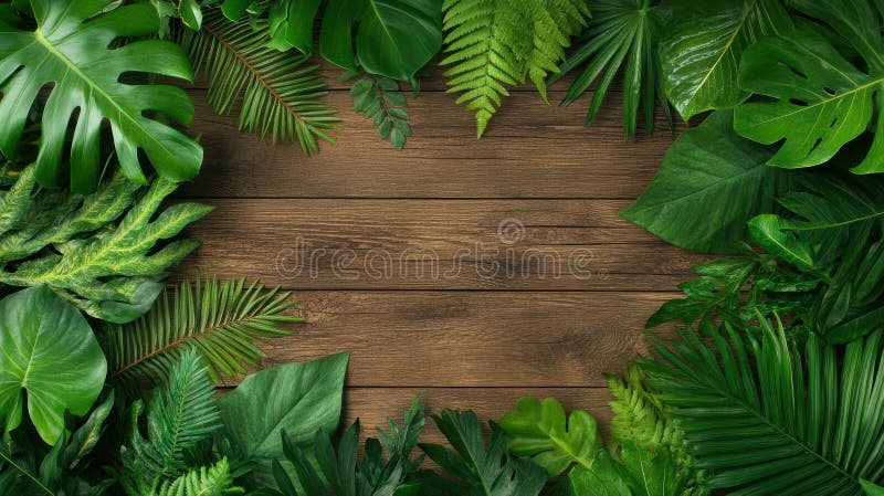 Lush Tropical Leaves Border on Rustic Wooden Background Stock Image ...