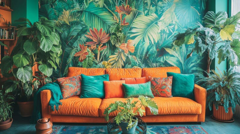 Lush Tropical Living Room with Orange Sofa Stock Illustration ...