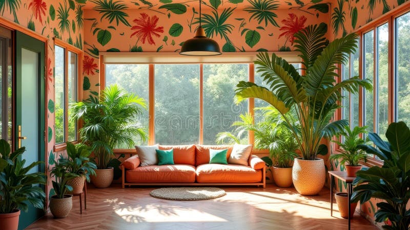 Lush Tropical Living Room with Vibrant Greenery and Bold Wallpaper ...