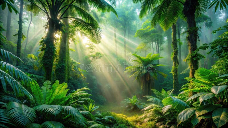 Lush Tropical Rainforest at Dawn with Sunbeams Piercing Canopy ...