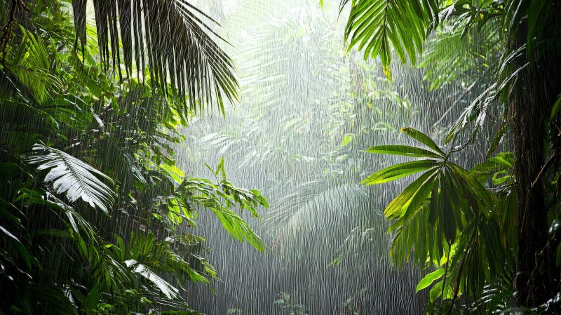Lush Tropical Rainforest with Heavy Rain and Sunlight Shining through ...