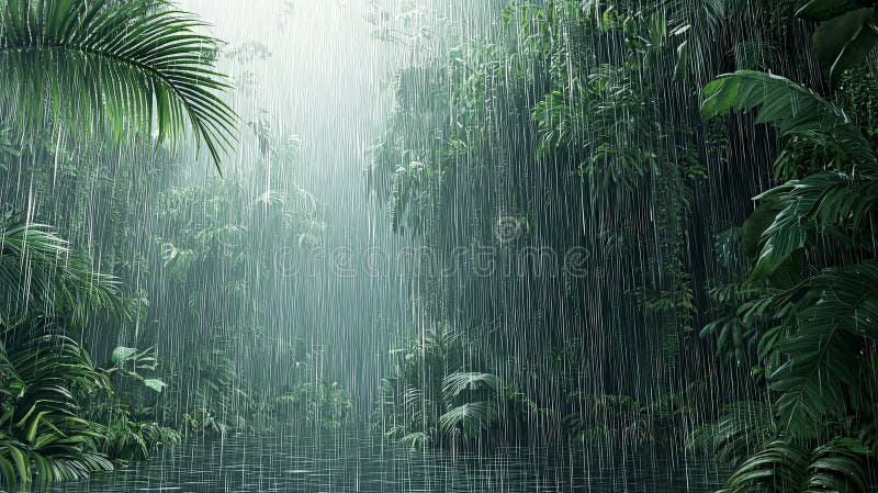 Lush Tropical Rainforest with Heavy Rainfall and Dense Foliage Stock ...