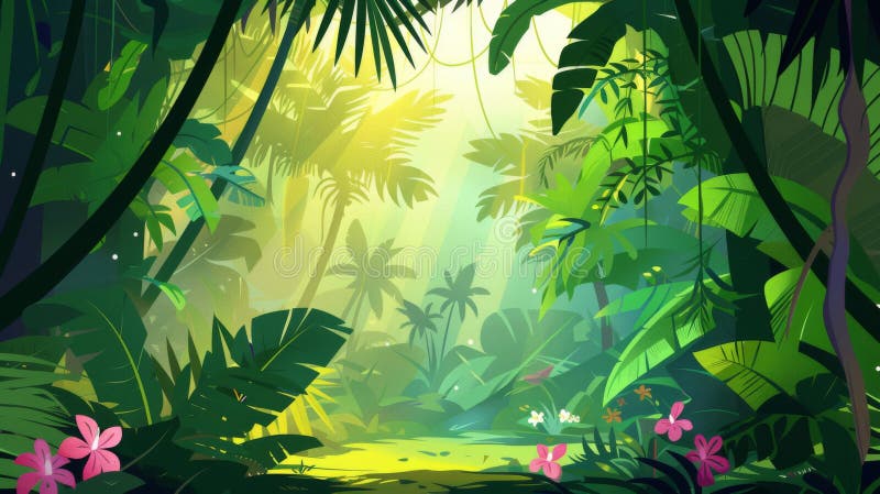 Lush Tropical Rainforest Illustration with Sunlight Filtering through ...