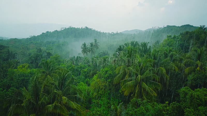 Lush Tropical Rainforest Landscape with Palm Trees Under a Misty Rain ...