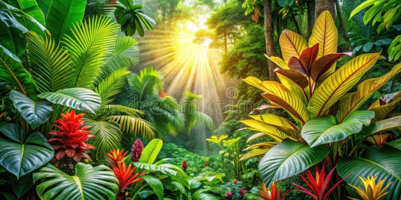 Lush Tropical Rainforest Scene with Sunbeams Filtering through Canopy ...