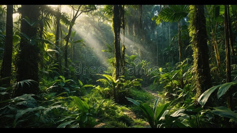 Lush Tropical Rainforest Path at Sunrise, Sunlight Beams through Dense ...